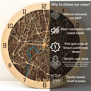 Custom Wooden City Clock, Vilnius Wooden City Map Clock Wall Hanging ...