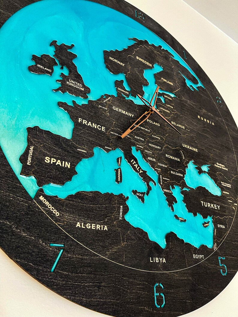 Personalized Wooden World Clock With Epoxy Water Custom Epoxy - Etsy
