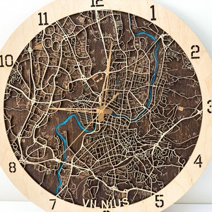 Custom Wooden City Clock, Vilnius Wooden City Map Clock Wall Hanging ...