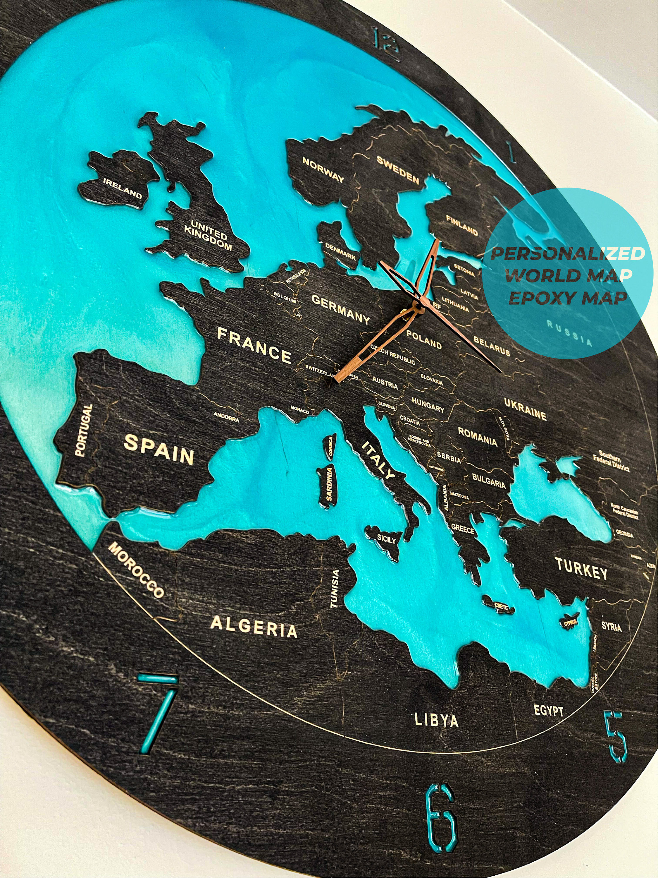 Personalized Wooden World Clock With Epoxy Water Custom Epoxy - Etsy
