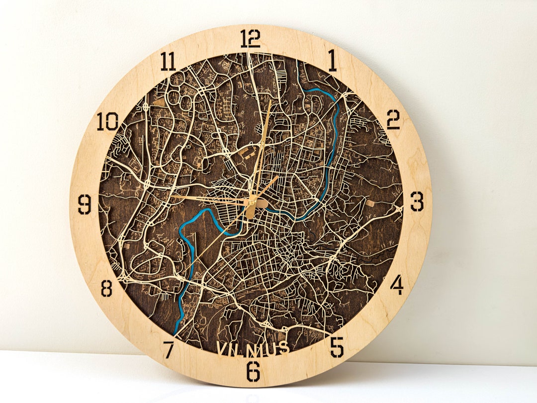 Custom Wooden City Clock, Vilnius Wooden City Map Clock Wall Hanging ...