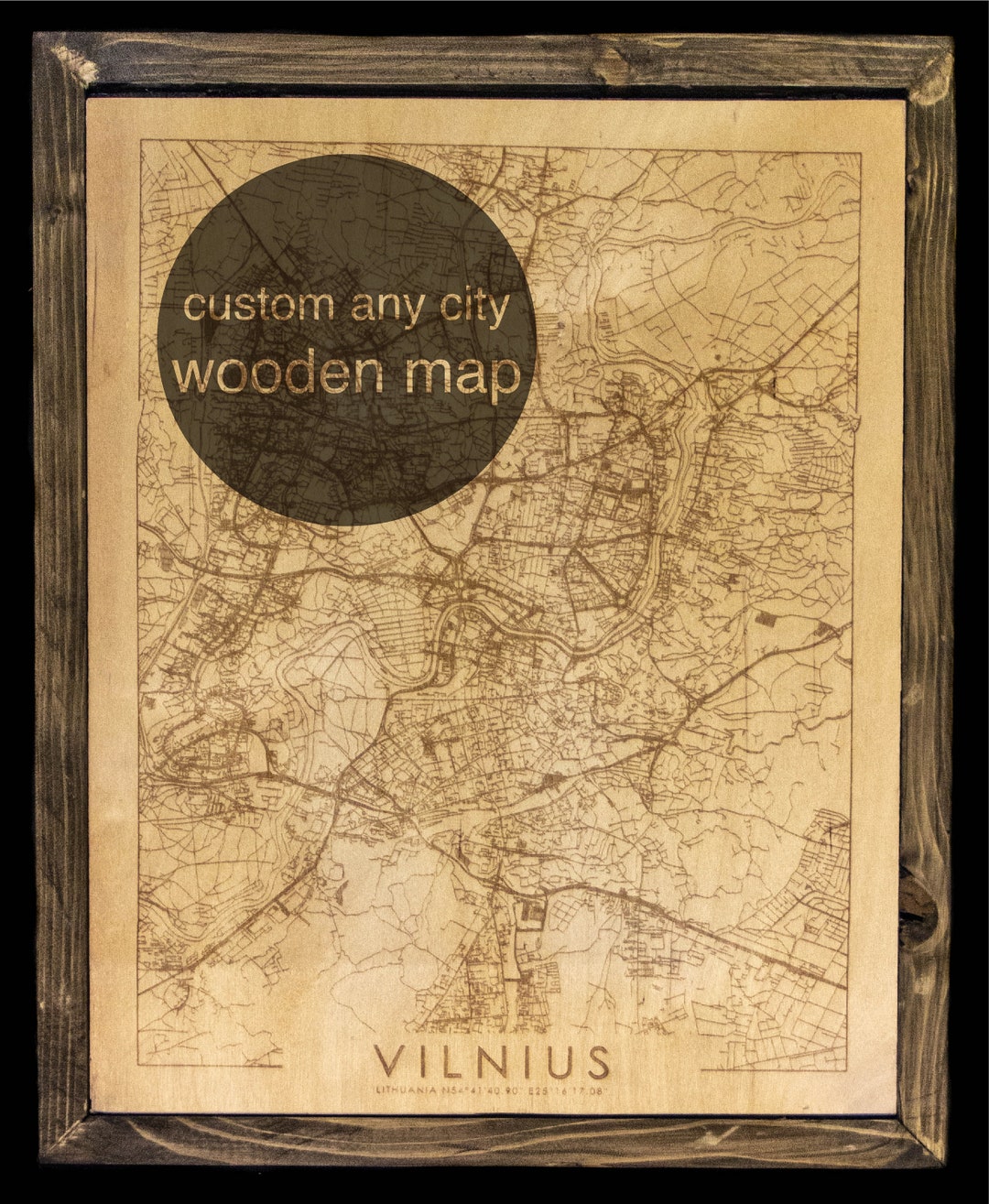 Custom Map Laser Engraved, Wood FRAMED Rustic Retro Vintage Brown ...