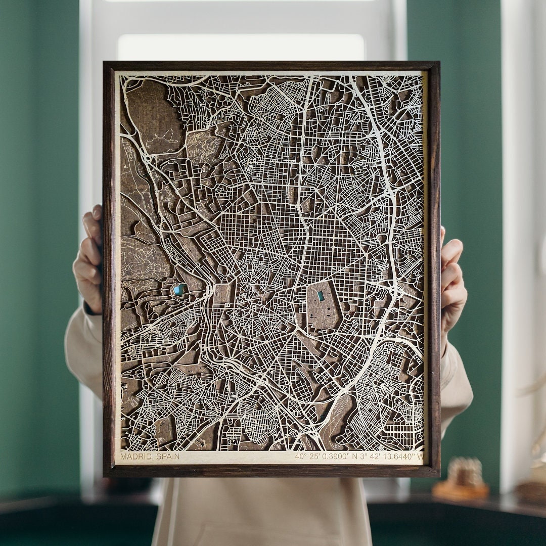 Personalized Any City Wooden Map, Madrid Spain City Map, Handmade Gift ...