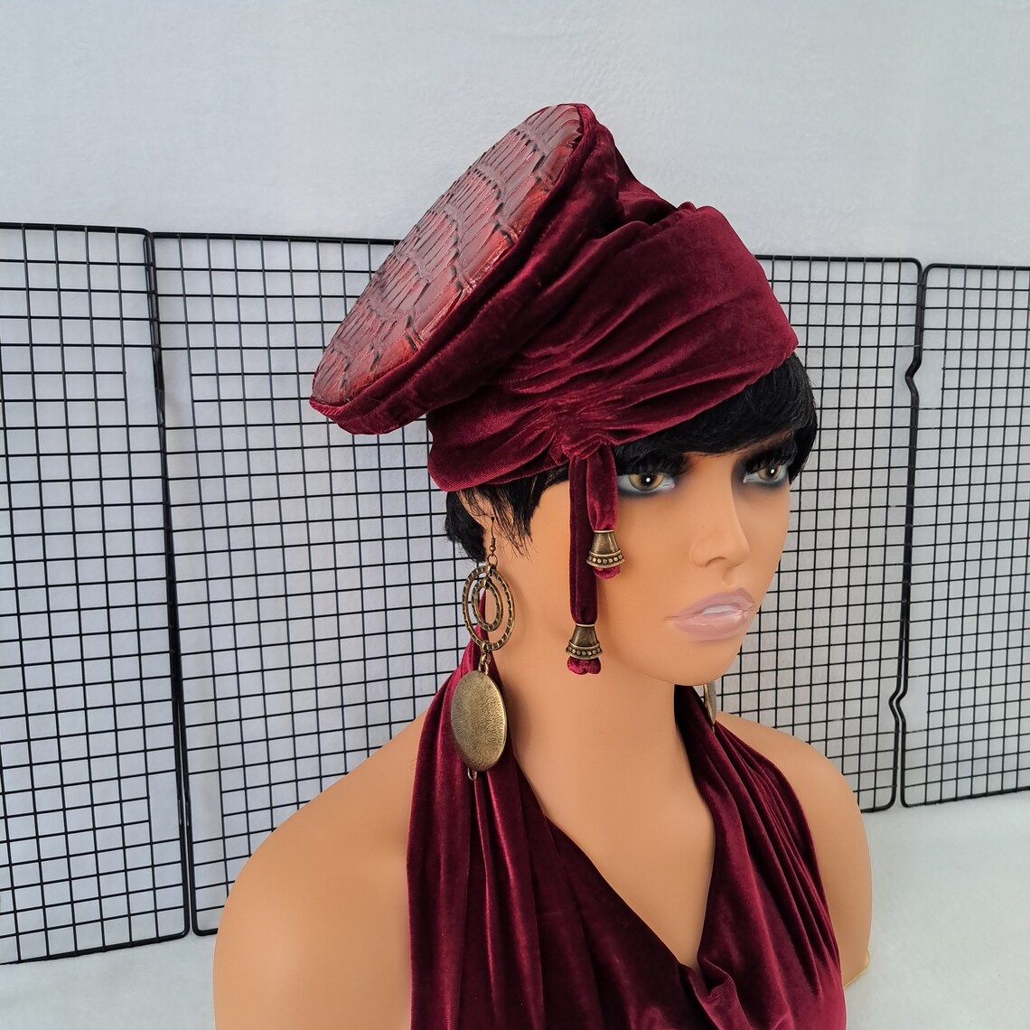 Flat Top Hat, Tilt Hat, Cloche Hat, Velvet Hat, Crocodile Skin Print Hat, Satin Lined Hat ...