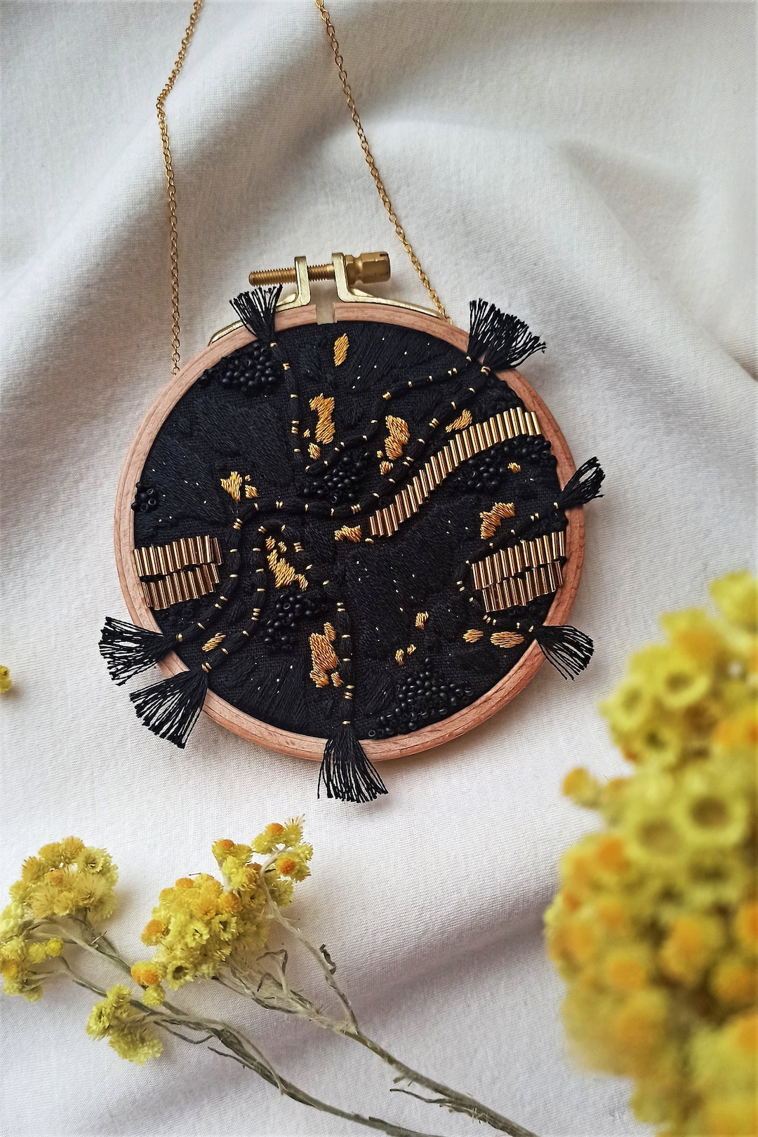 Embroidery Hoop Art, Modern Embroidery Black and Gold, Abstract Wall ...