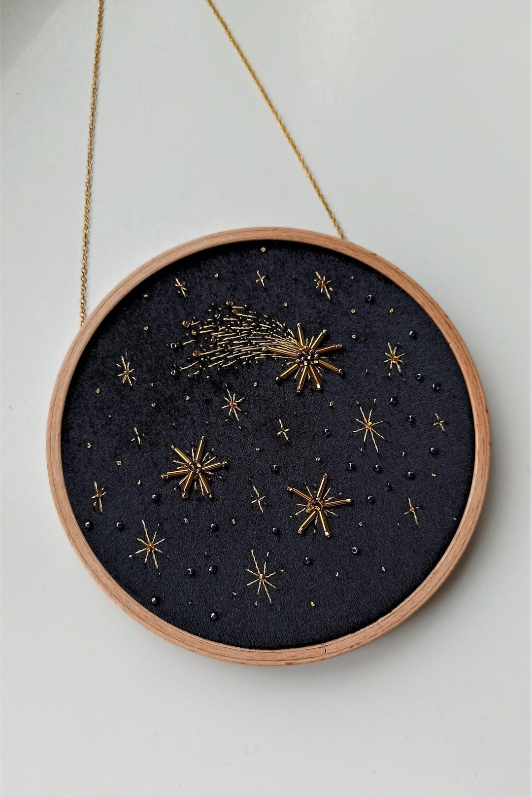 Beaded Starry Night Embroidery Art, Shooting Star, Framed - Etsy