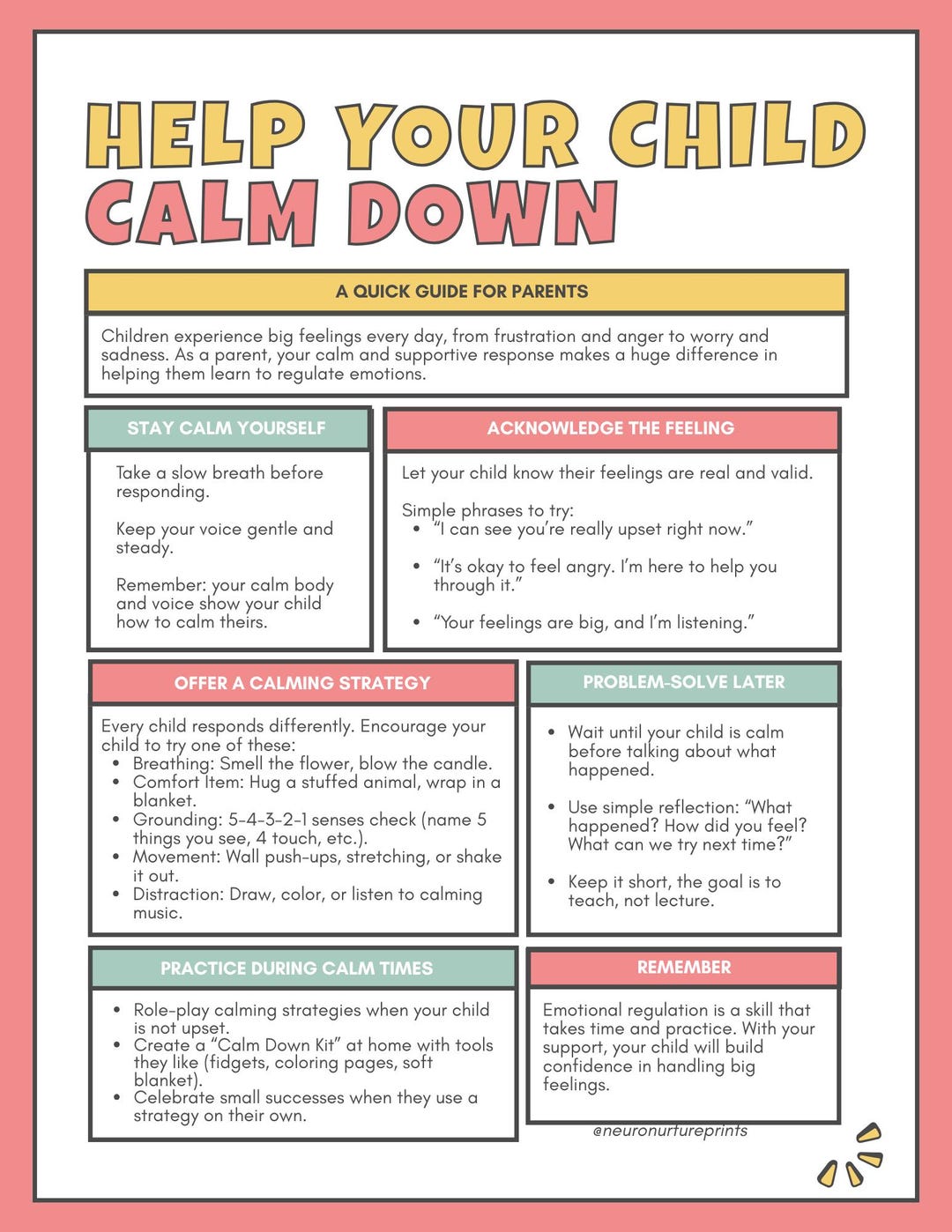 Printable Parent Handouts: Calm Down, Big Feelings, Worry (PDF) - Etsy