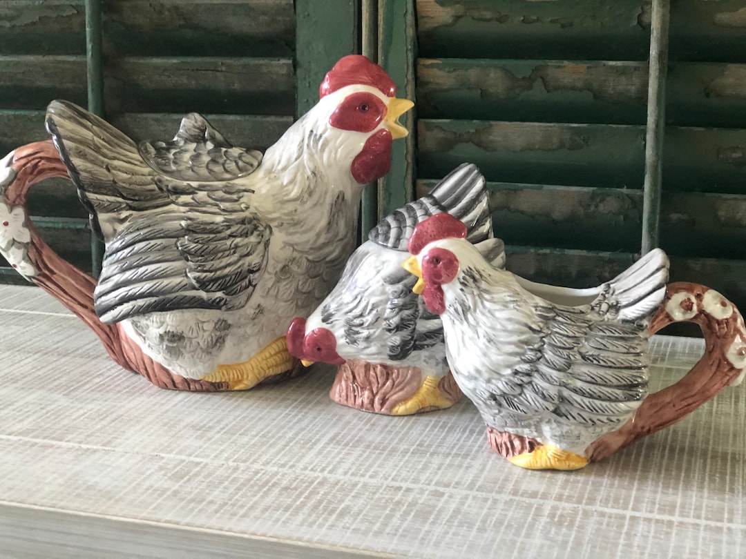 Rooster Hen Chicken Teapot Set; Farmhouse Teapot Sugar Bowl and Creamer ...