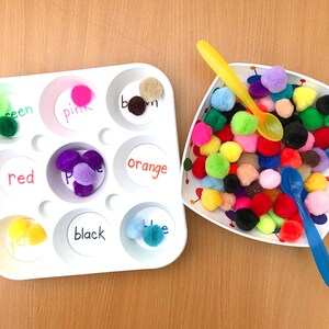 A Pom-pom Color Sorting Sensory Activity for Young Children, Small ...
