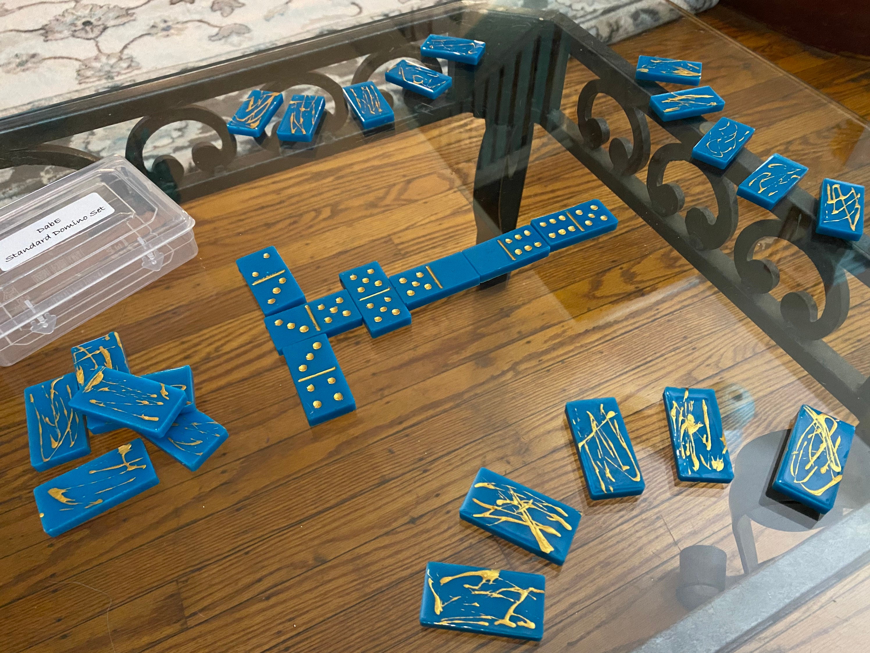 Dominoes in Bahama blue and drizzled gold standard set | Etsy