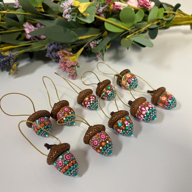 Hand Painted Acorn Ornaments: Dot Art Fall and Christmas Decor - Set of ...