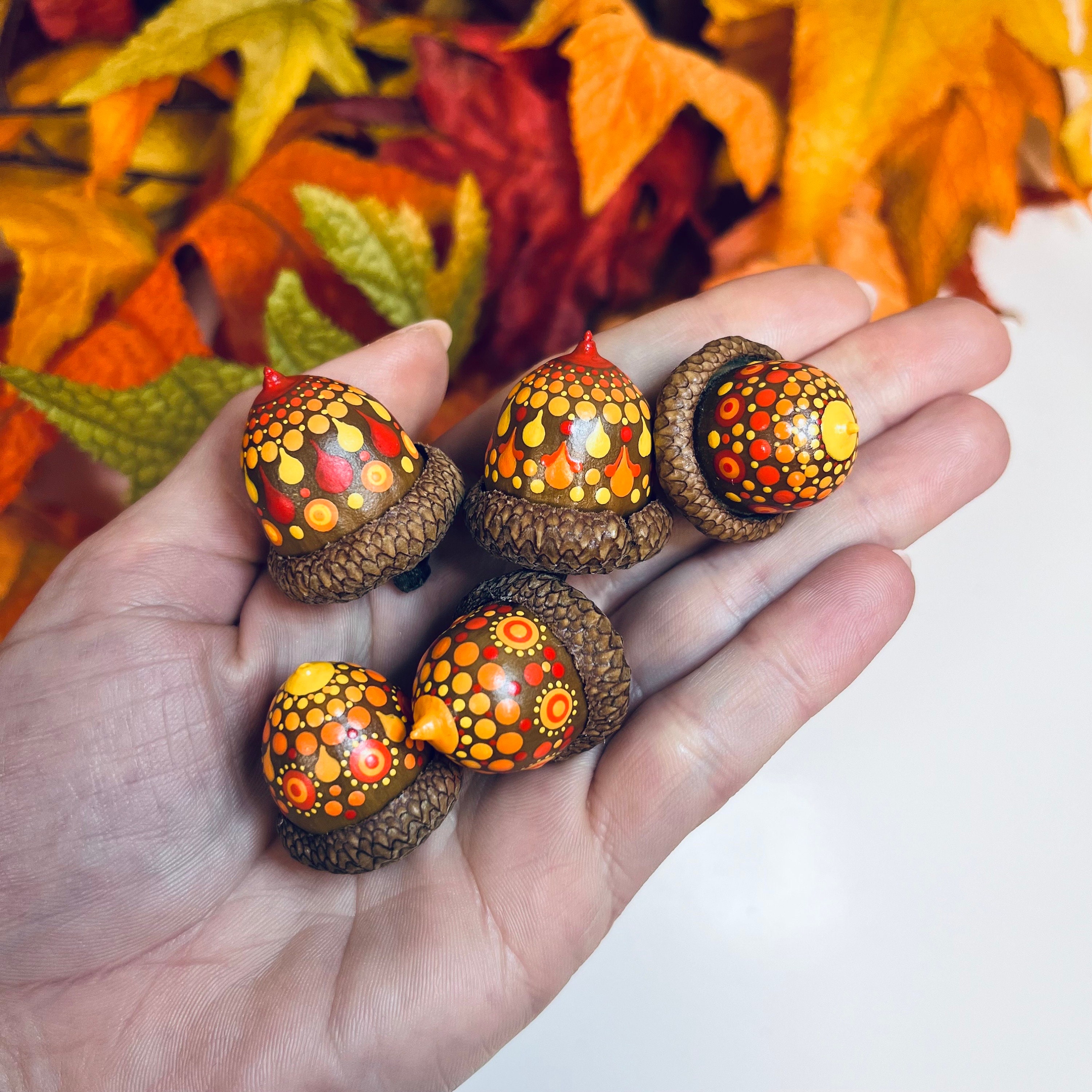 Hand Painted Natural Jumbo Acorns Dot Art Thanksgiving Decor Fall Decor ...