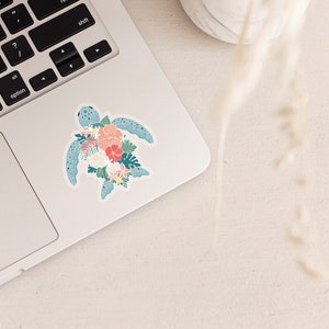 Sea Turtle With Flowers Clear Vinyl Sticker || Ocean Stickers Surf ...