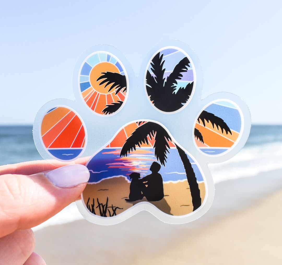 Dog Paw Print Beach Guy With Dog Clear Vinyl Sticker || Ocean Stickers ...