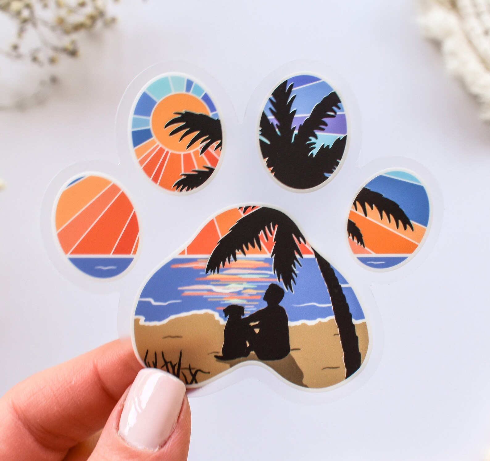 Dog Paw Print Beach Guy With Dog Clear Vinyl Sticker || Ocean Stickers ...