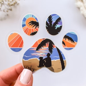 Dog Paw Print Beach Guy With Dog Clear Vinyl Sticker || Ocean Stickers ...