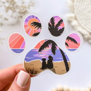 Dog Paw Print Beach Girl With Dog Clear Vinyl Sticker || Ocean Stickers ...