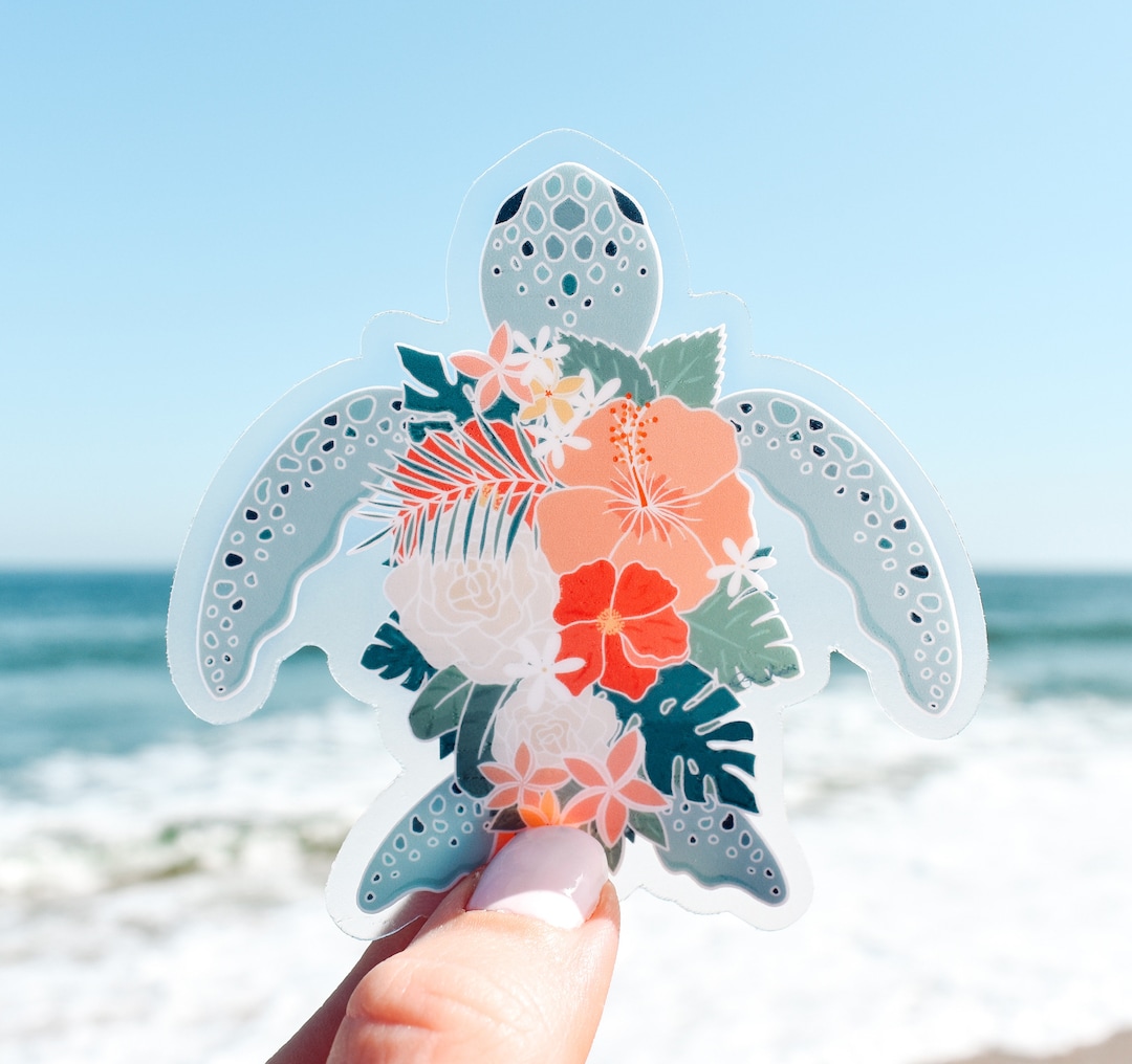 Sea Turtle With Flowers Clear Vinyl Sticker || Ocean Stickers Surf ...
