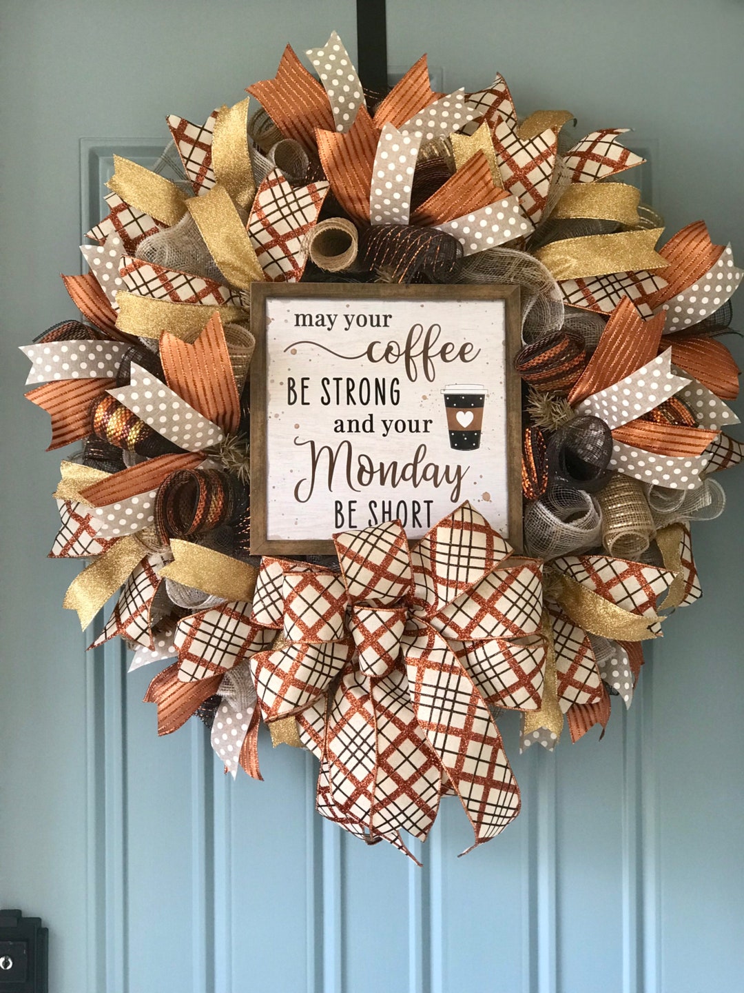 Coffee Lovers Wreath, Kitchen Wall Decor, Brown, Copper and Gold ...