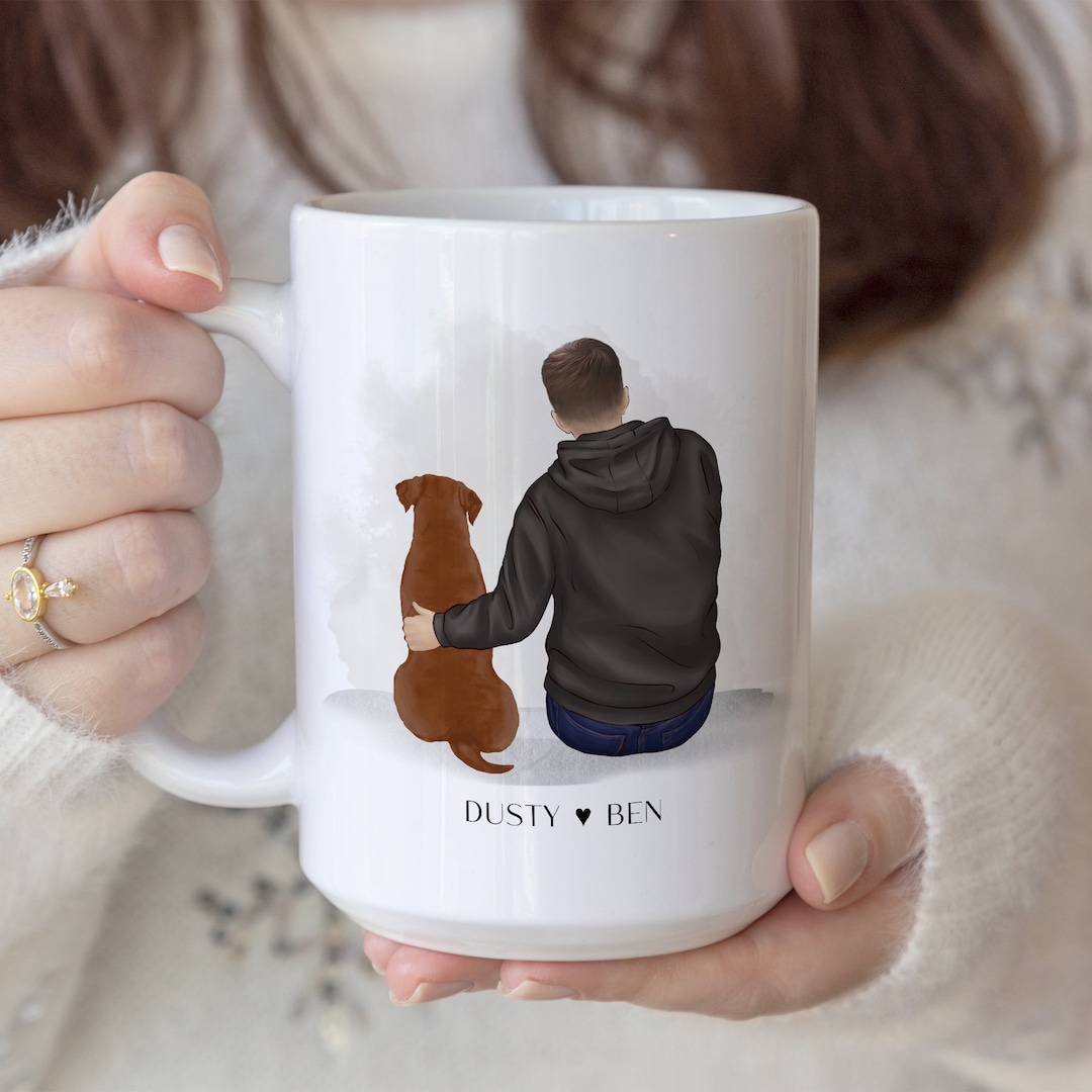 Personalized Pet and Male Owner Portrait Mug, Custom Dog Dad Cup ...