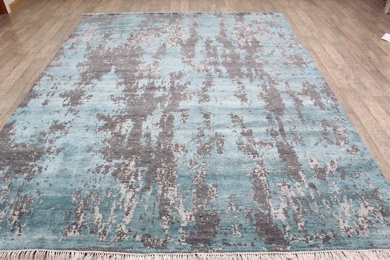 8x10 Turquoise Blue Colour Silk Wool Abstract Pattern Area Rug - Etsy