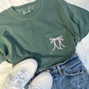 Cute Ribbon Bow Comfort Colors Pocket Tee | Coquette Bow Tee | Trendy ...