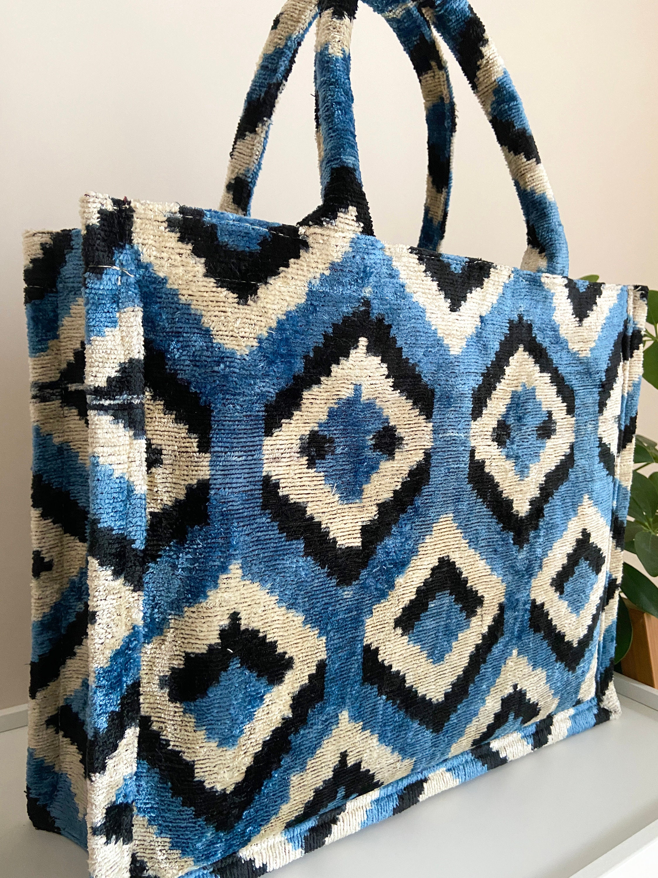 Mothers day gift tote bag ikat fabric tote bag velvet | Etsy