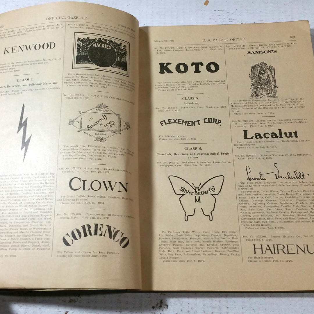 1929 Official Gazette United States Patent Office Trademarks Designs ...