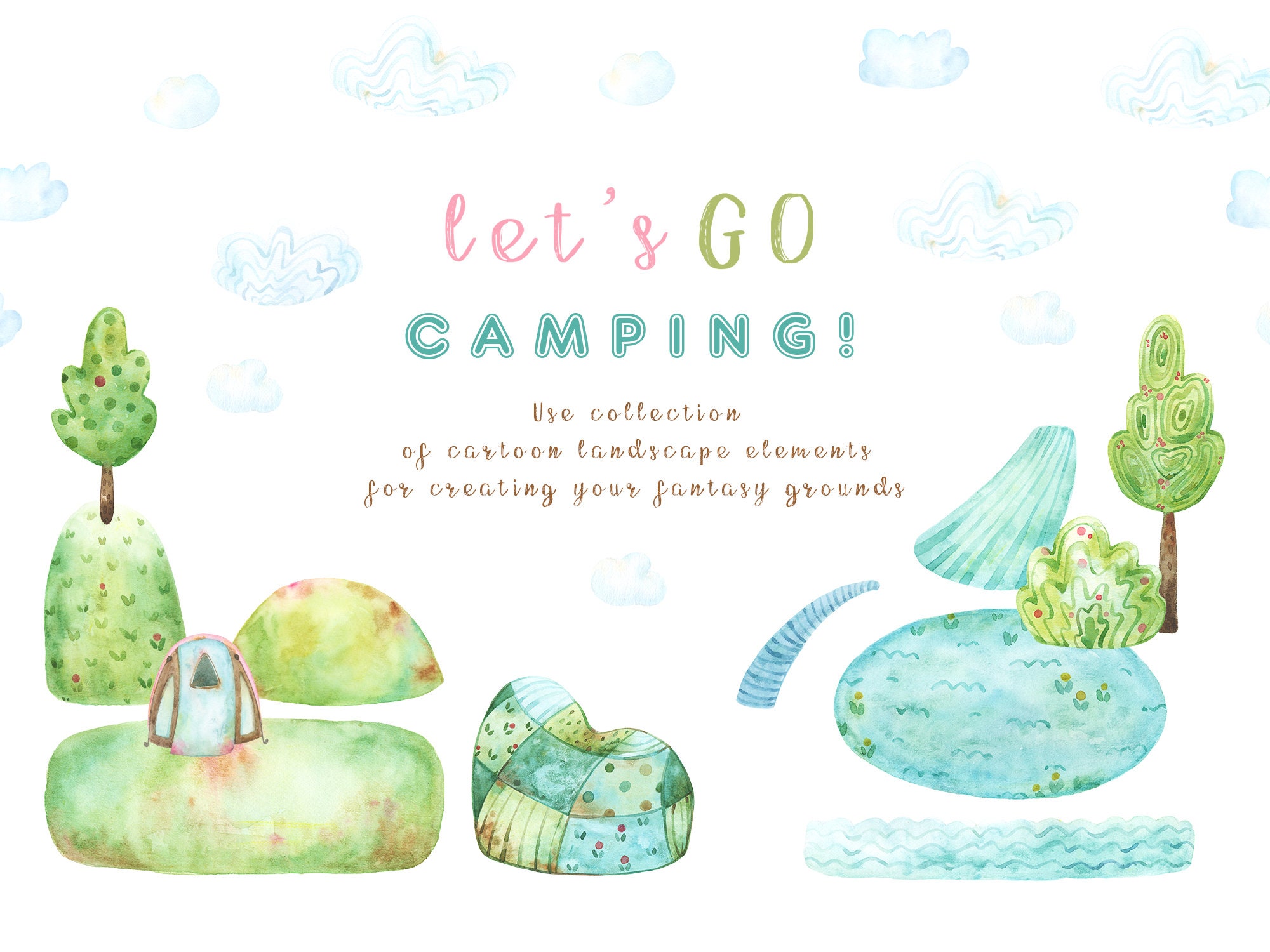 Let's Go Camping Watercolor Clipart Collection - Retro Caravans ...