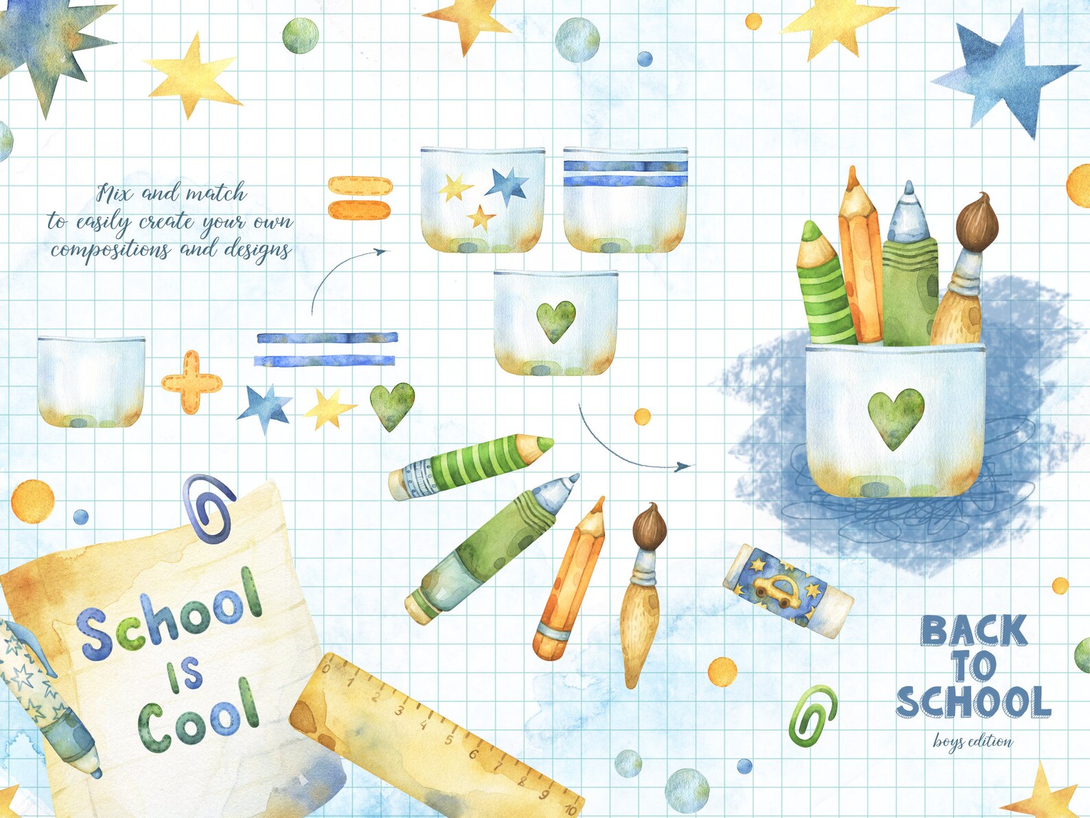 Back to School Boys Edition Clipart - Watercolor Set, Cartoon Kids ...