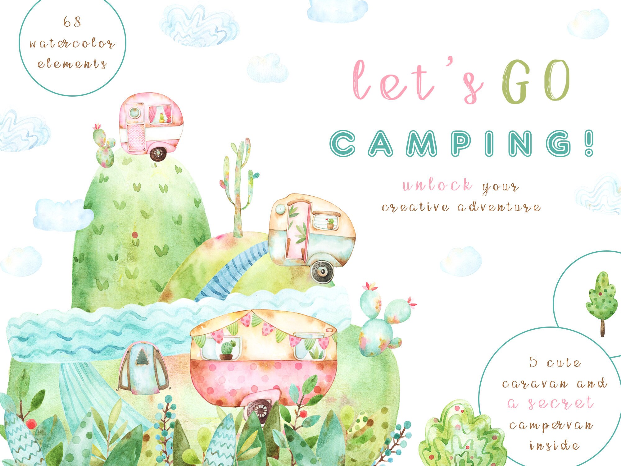 Let's Go Camping Watercolor Clipart Collection - Retro Caravans ...