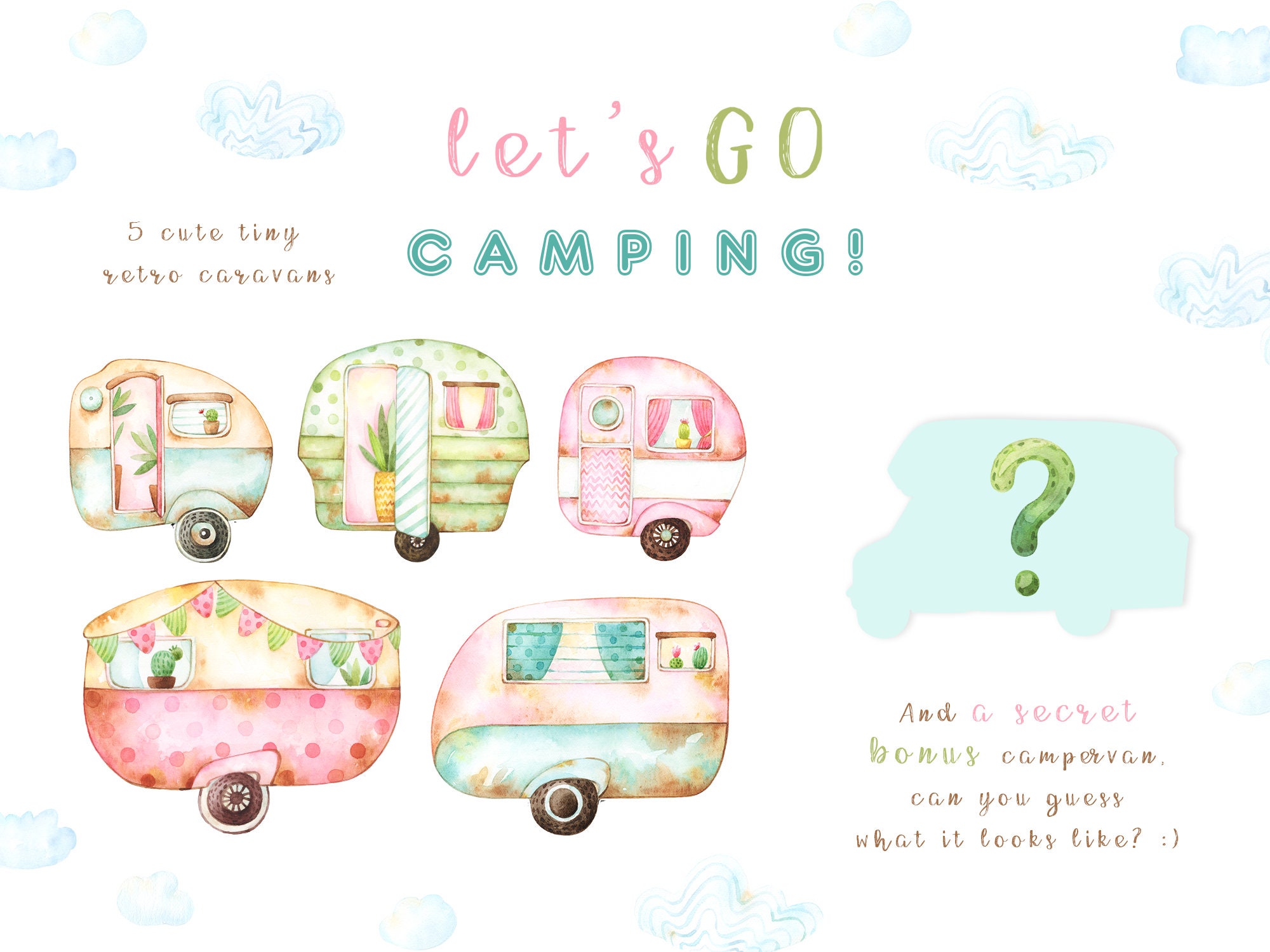 Let's Go Camping Watercolor Clipart Collection - Retro Caravans ...