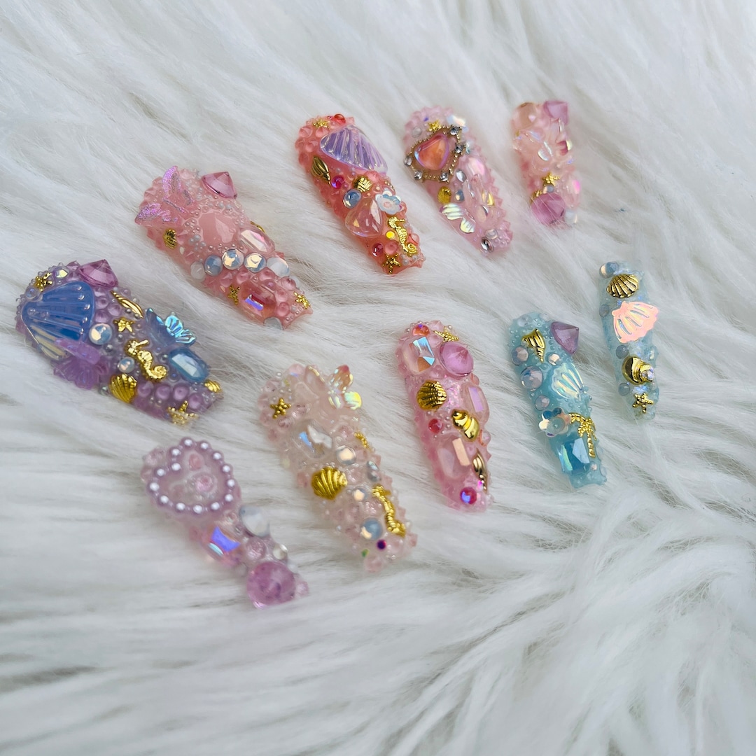 Pastel Mermaid Fairy Princess Crystal Press-on Nails - 20 Pack - Coffin ...