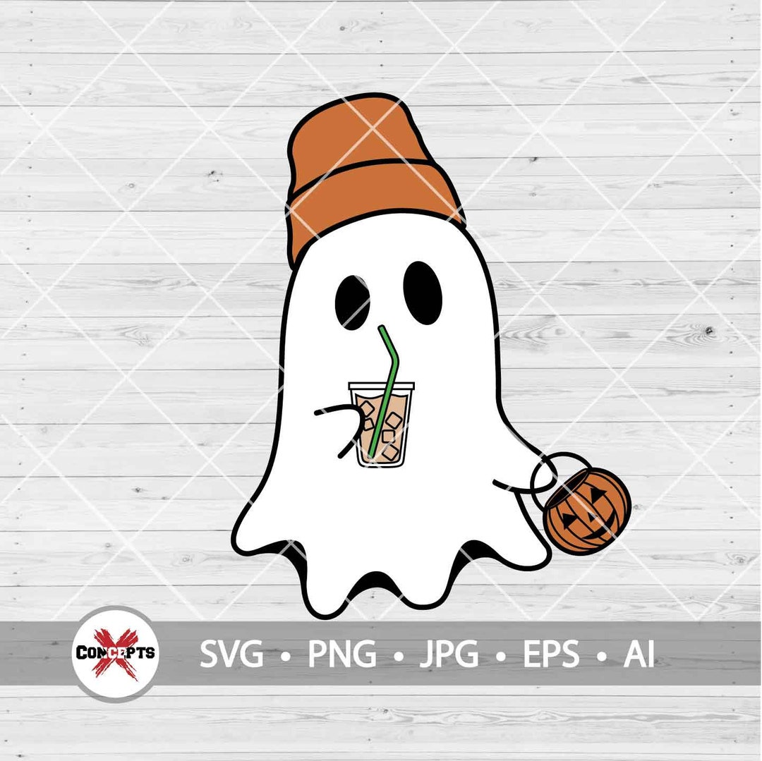 Cute Ghost Drinking Coffee SVG, Ghost Ice Coffee Png, Halloween Ghost ...