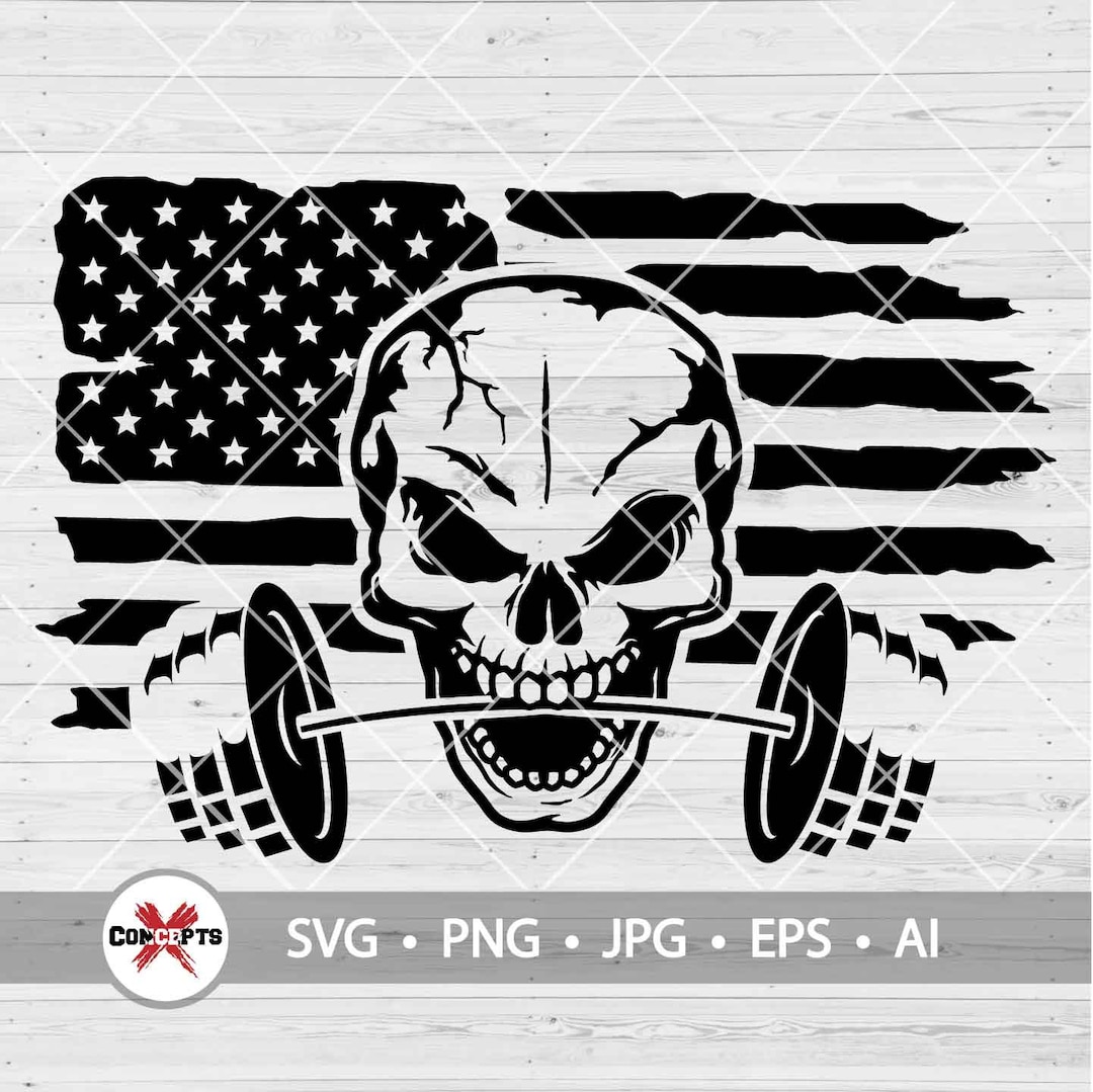 Weightlifting Skull With Us Flag SVG, Us Flag, Skull With Barbell SVG ...