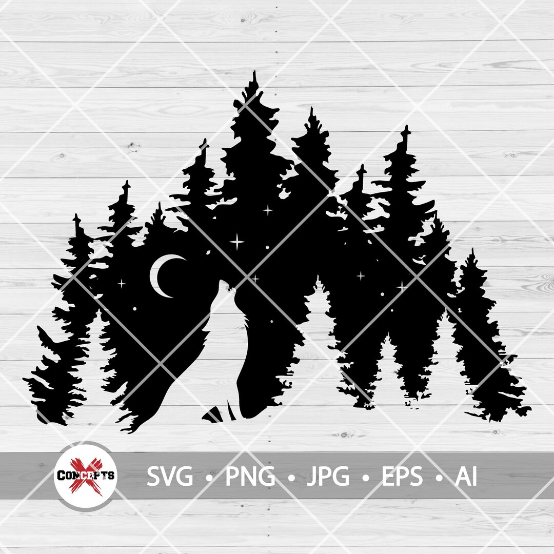 Mountain Wolf Svg, Howling Wolf Svg, Wolf Svg, Pine Forest Svg Trees ...