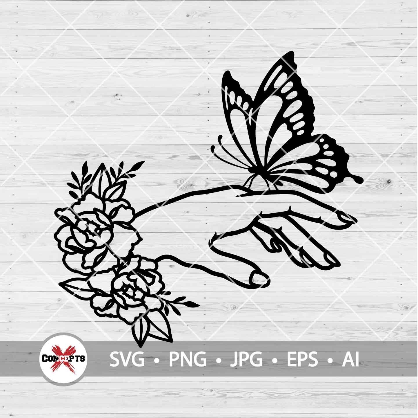 Mano floral con mariposa Svg Mano Svg Mano con flores Svg - Etsy México