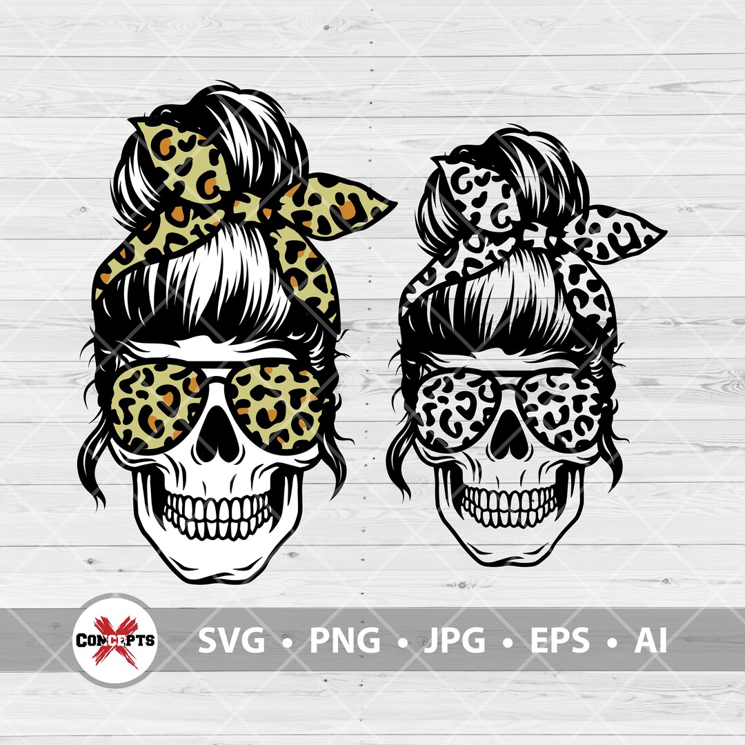 Leopard Mom Skull Svg File, Momlife Skull Svg, Messy Bun Skull Svg, Mom ...