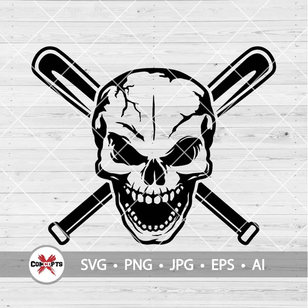 Baseball Skull With Crossed Bats Svg, Skull Svg, Softball Skull Svg ...