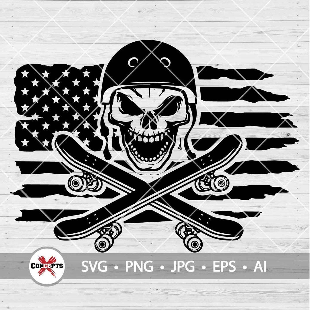 US Skateboarder Skull Svg, US Flag SVG, Us Skate Skull With Skateboard ...