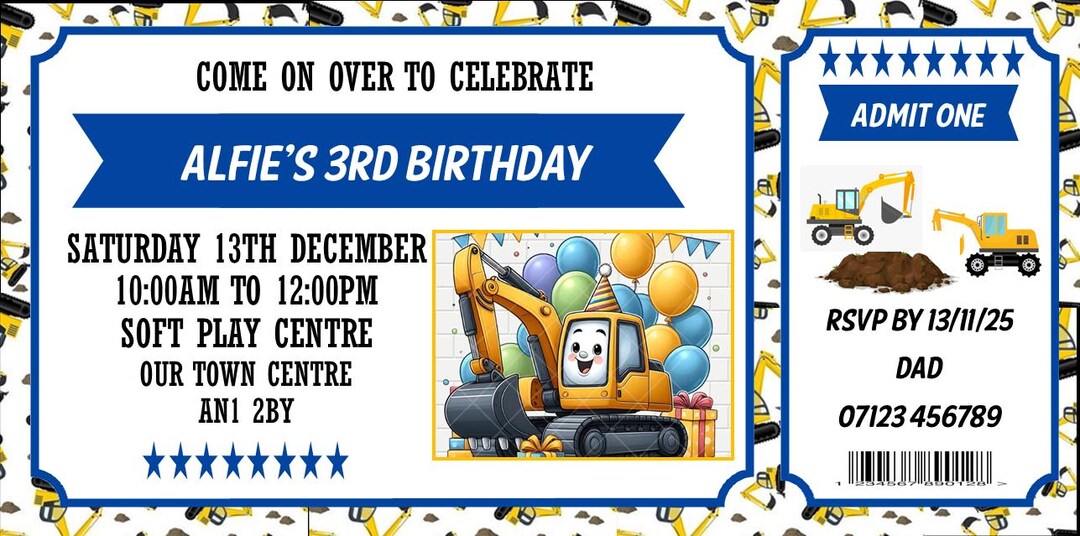 Personalised Party Invitations / Birthday / Children's Party / Digger ...