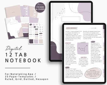 12 Tab Digital Notebook Minimalist Notebook 25 Paper Template Goodnotes ...