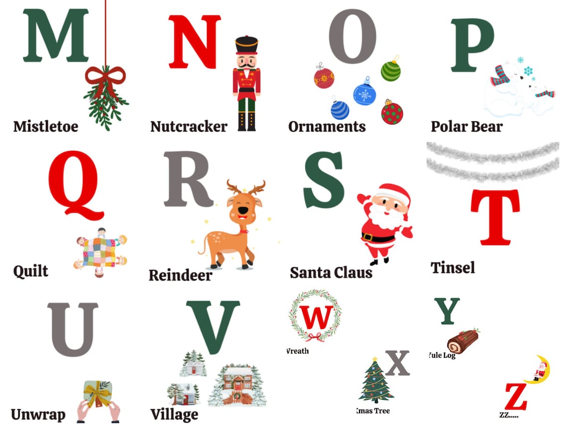 A-Z Printable Christmas Alphabet Letters, A-Z Christmas Word Cards ...