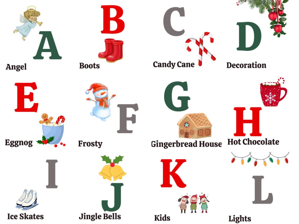 A-Z Printable Christmas Alphabet Letters, A-Z Christmas Word Cards ...