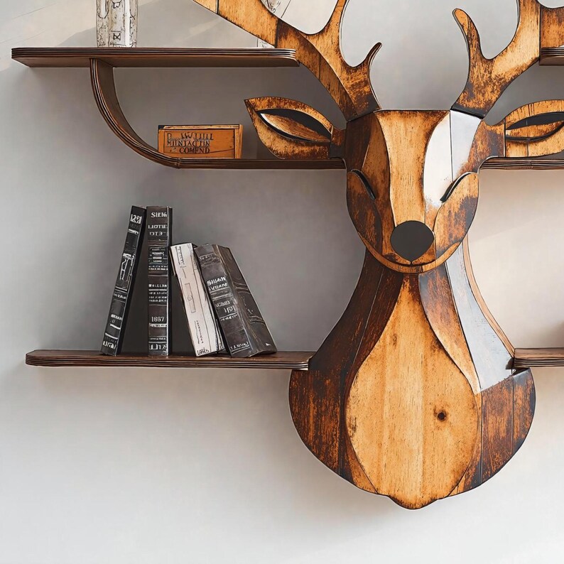 Modern Rustic Floating Bookshelf Handcrafted Wooden Deer Head Wall ...