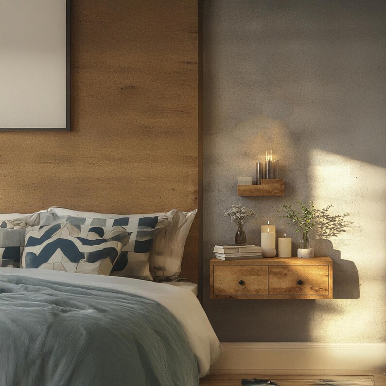 Handmade Floating Nightstand With Drawer Natural Wood Bedside Shelf ...
