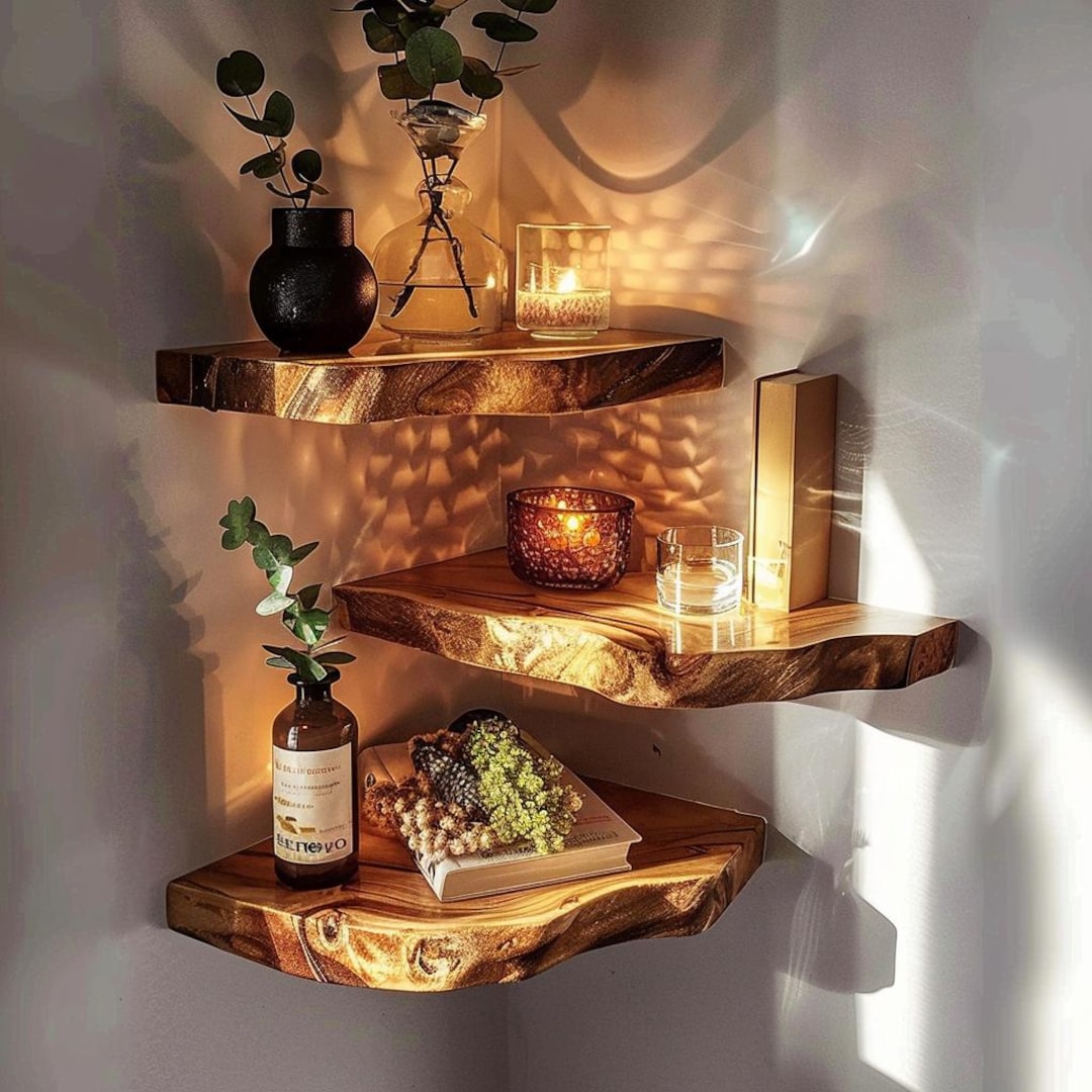 Rustic Floating Corner Shelf Bookshelf Decorations Corner Wall Shelf ...