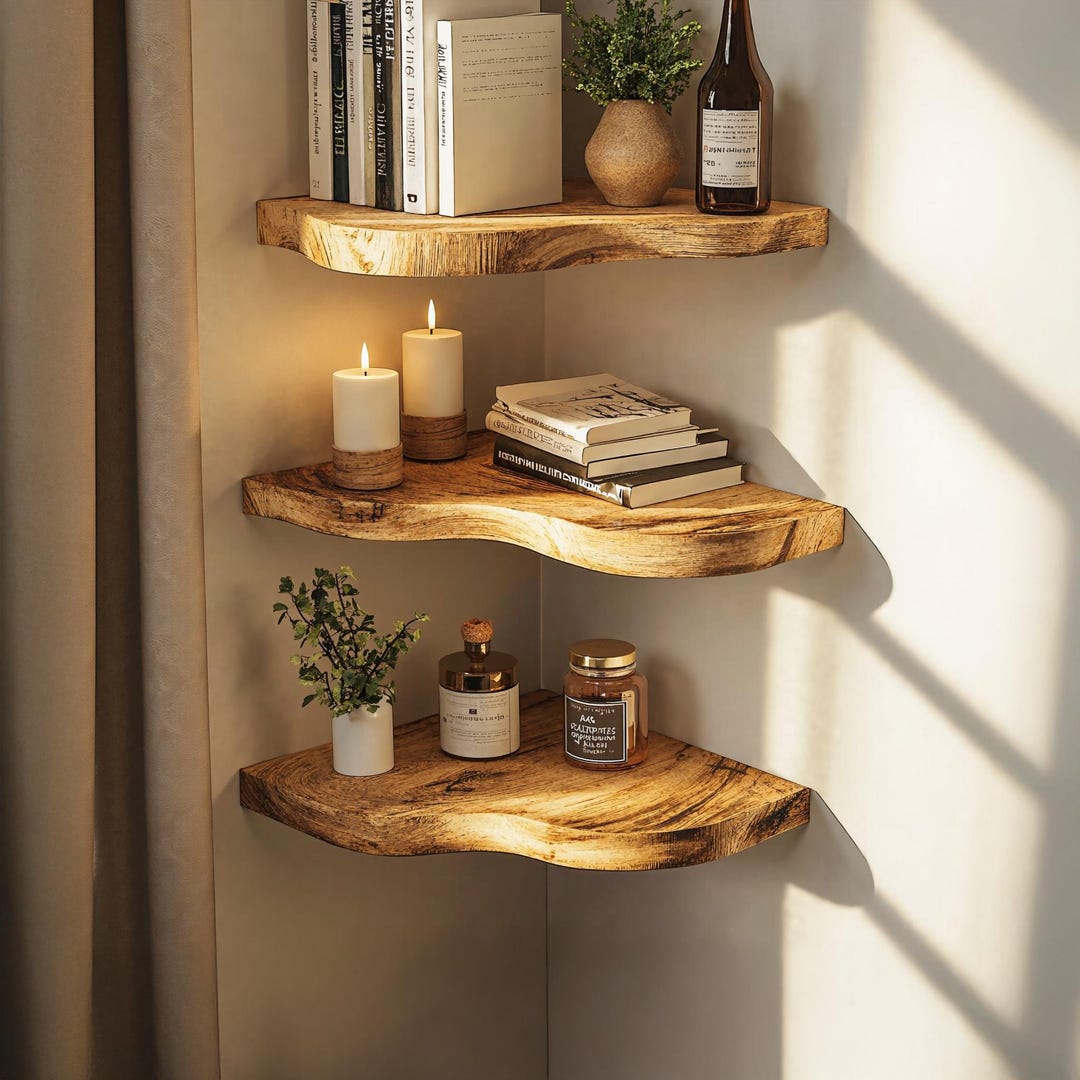 Rustic Floating Corner Shelf Bookshelf Decorations Corner Wall Shelf ...