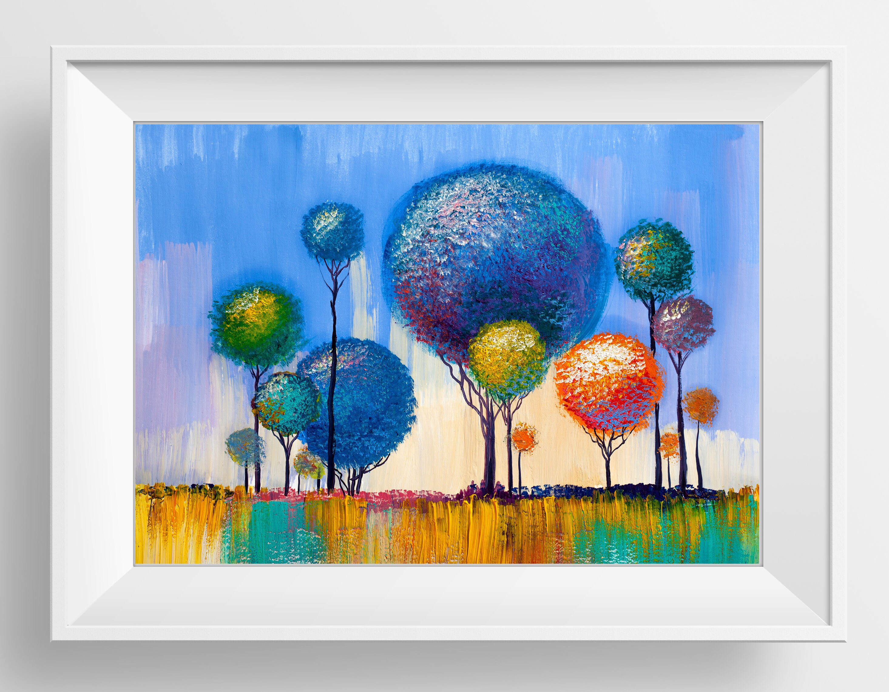 Colourful Round Trees Painting Print - Etsy