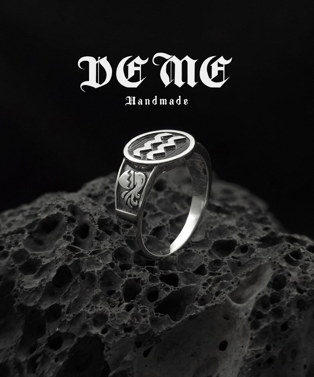 Aquarius Stamper Sterling Silver Ring: Handmade Gothic Biker Jewelry - Etsy